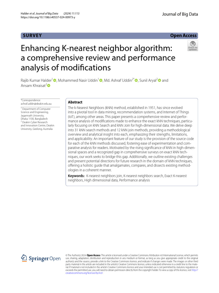 Enhancing K-Nearest Neighbor Algorithm: A Comprehensive Review and Performance Analysis of ...