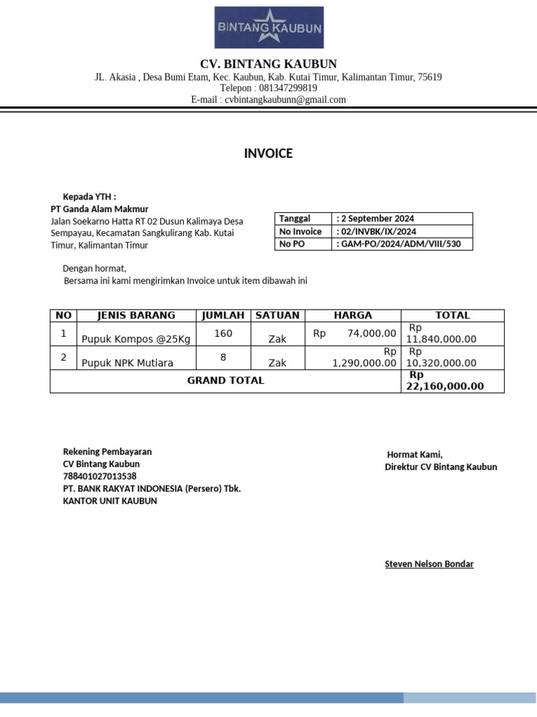 INVOICE CV. Bintang Kaubun | PDF