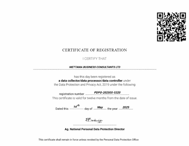 PDPO-202505-5320 Certificate, Mettama | PDF