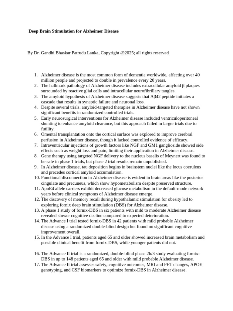 Deep Brain Stimulation For Alzheimer Disease | PDF | Hippocampus | Alzheimer's Disease