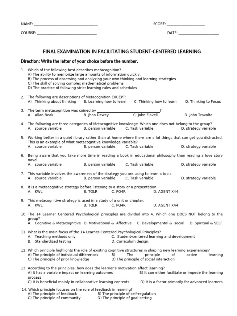Facilitating Learning Final Exam | PDF | Learning | Classroom Management
