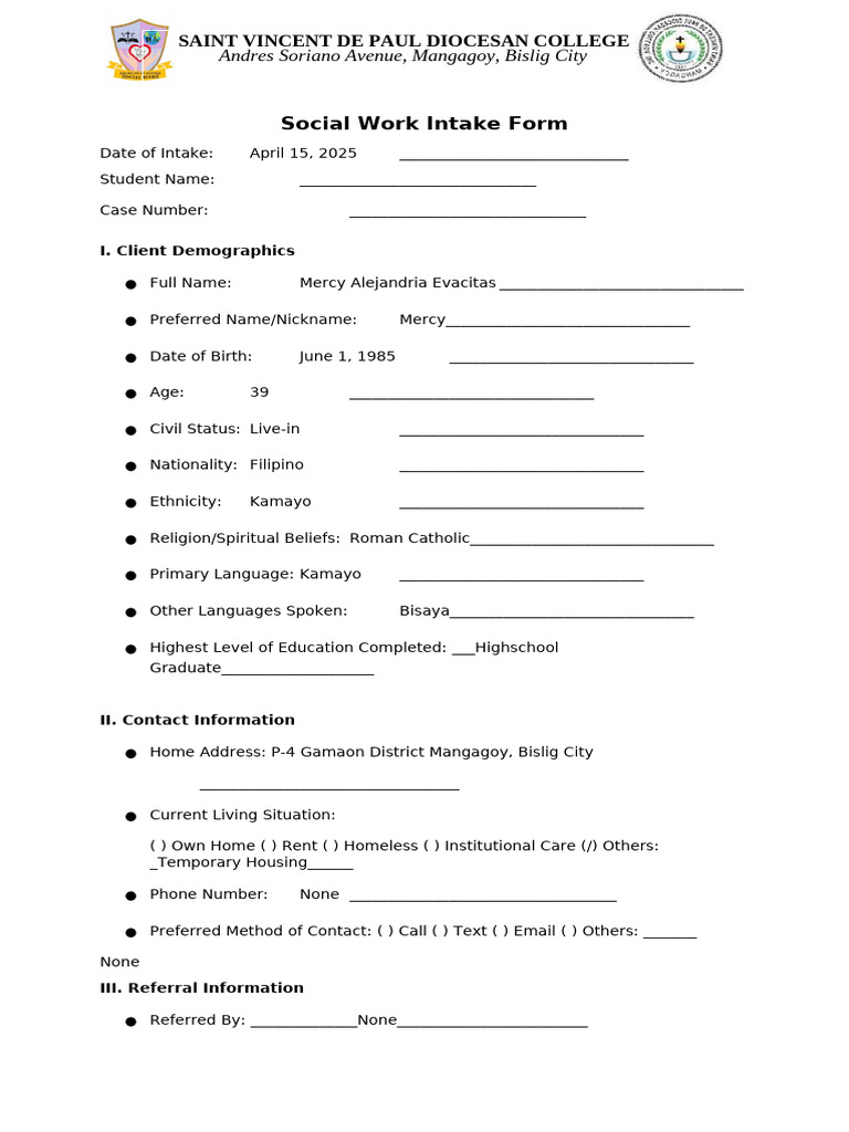 Social Work Intake Form As Assessment Tool | PDF | Psychological Trauma ...