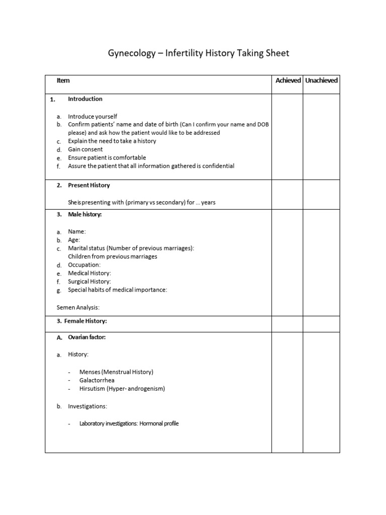 Gynecology - Infertility History Taking Sheet | PDF