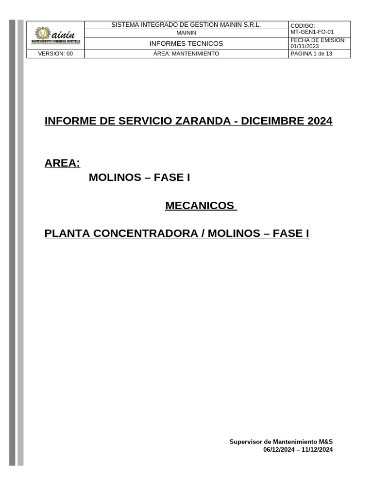 Mt-Gen1-Fo-01 Informes Tecnicos - Zaranda | PDF