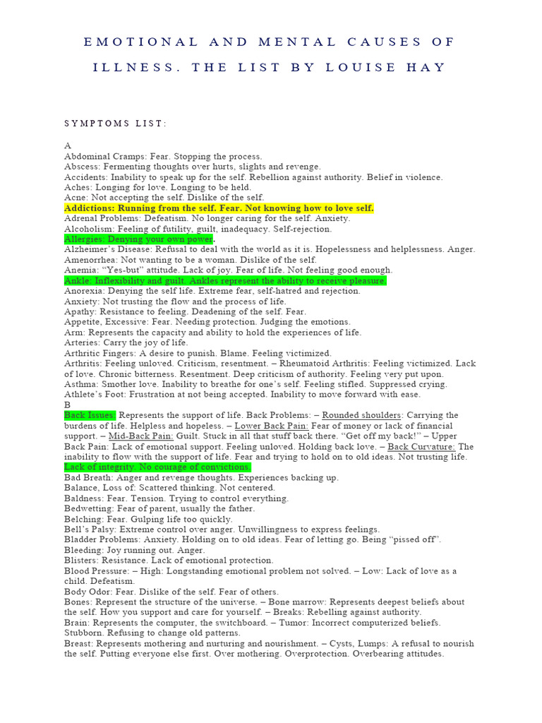 Emotional Causes of Illness Explained | PDF | Anger | Fear