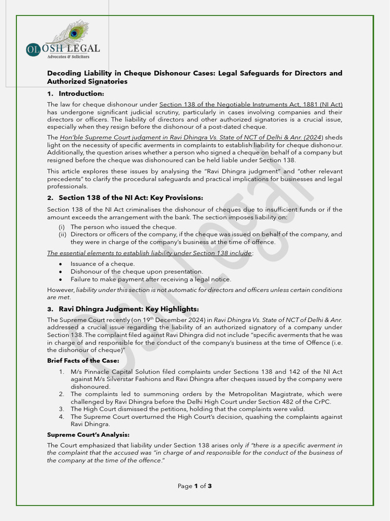 Decoding Liability in Cheque Dishonor Cases-Legal Safeguards for ...