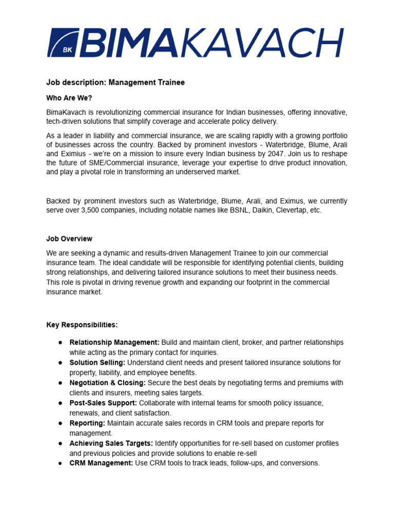 Job Description_ Management trainee | PDF | Customer Relationship ...