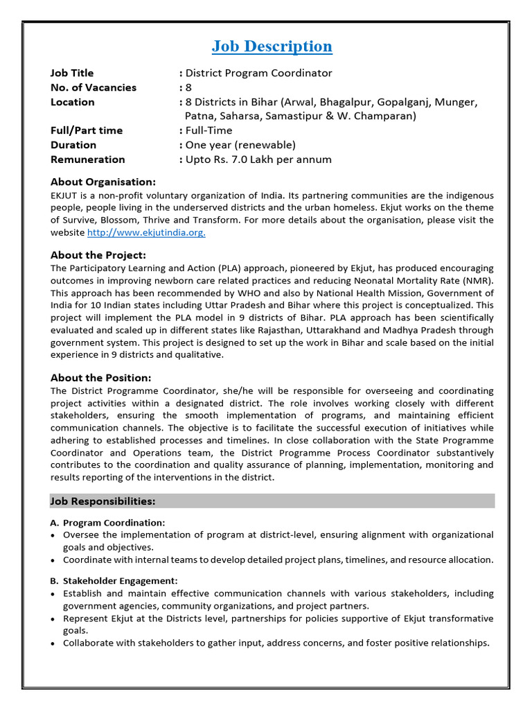 District Program Coordinator | PDF | Capacity Building | Business