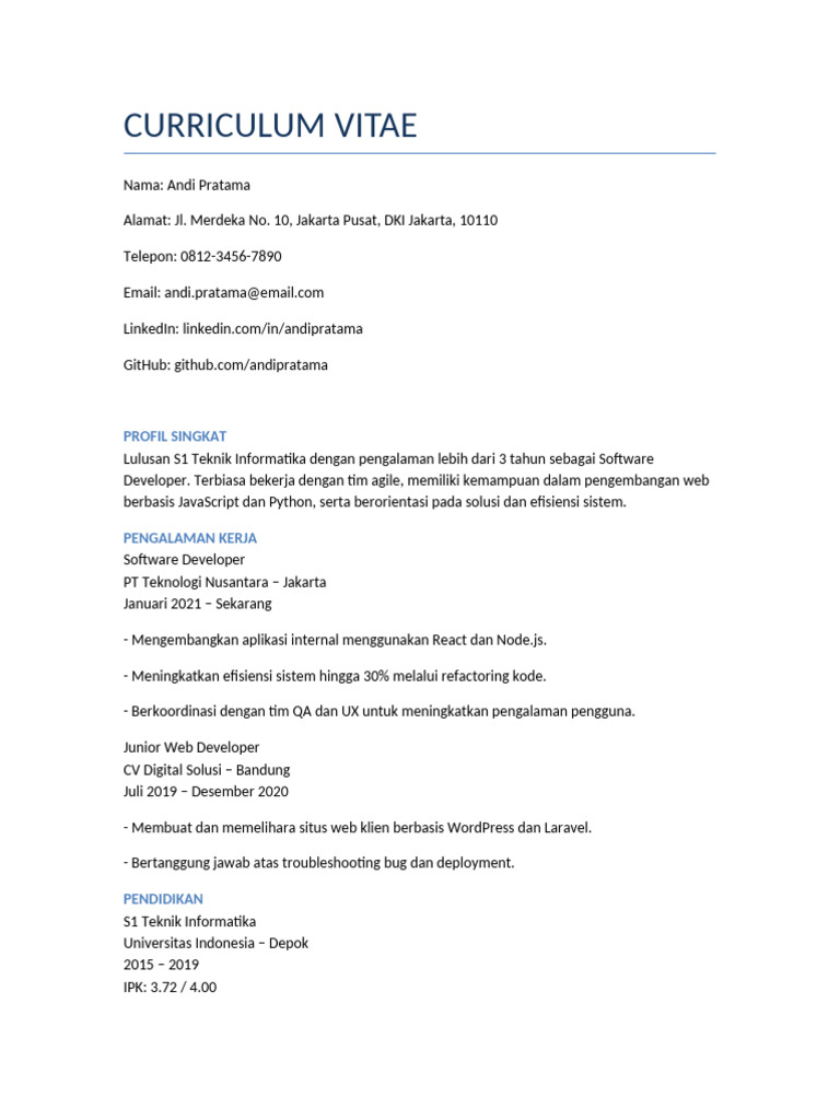 CV ATS Andi Pratama | PDF