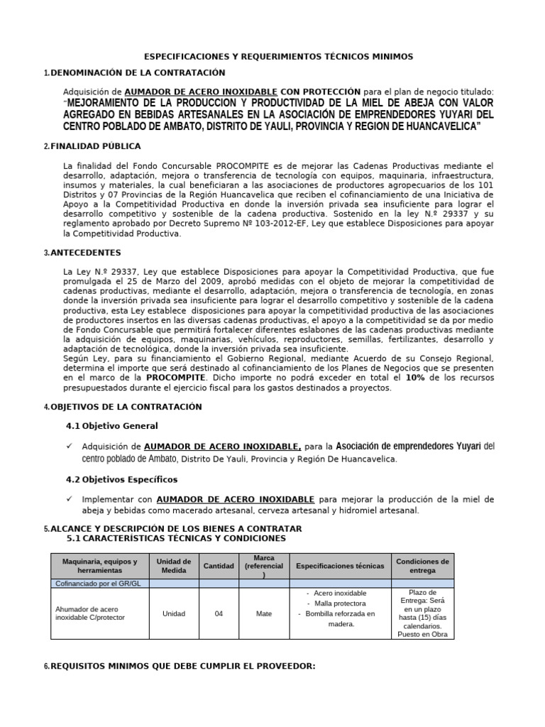 Especificaciones Tecnicas Plan Abejas | PDF | Inversiones | Valor añadido