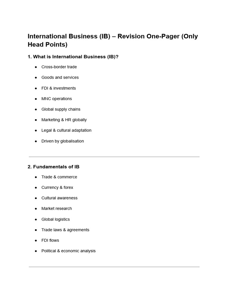 International Business (IB) – Revision One-Pager (Only Head Points ...