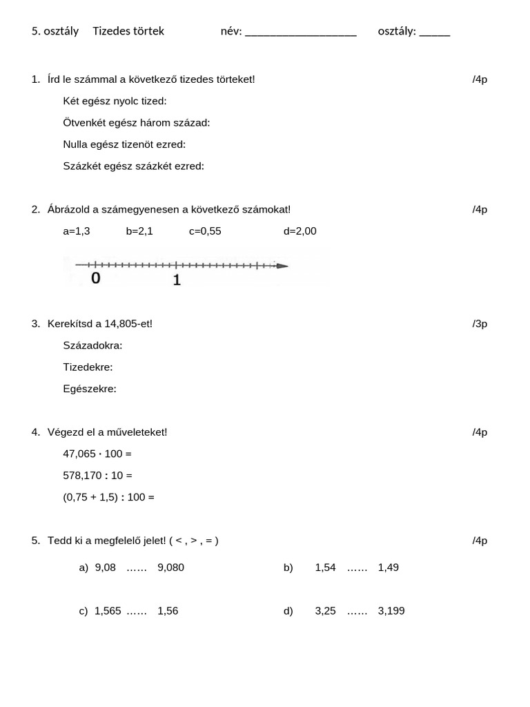 5 Tizedes Törtek Dolgozat Végleges | PDF