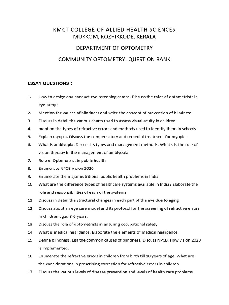 Community Optometry Question Bank-1 | PDF | Optometry | Visual Impairment