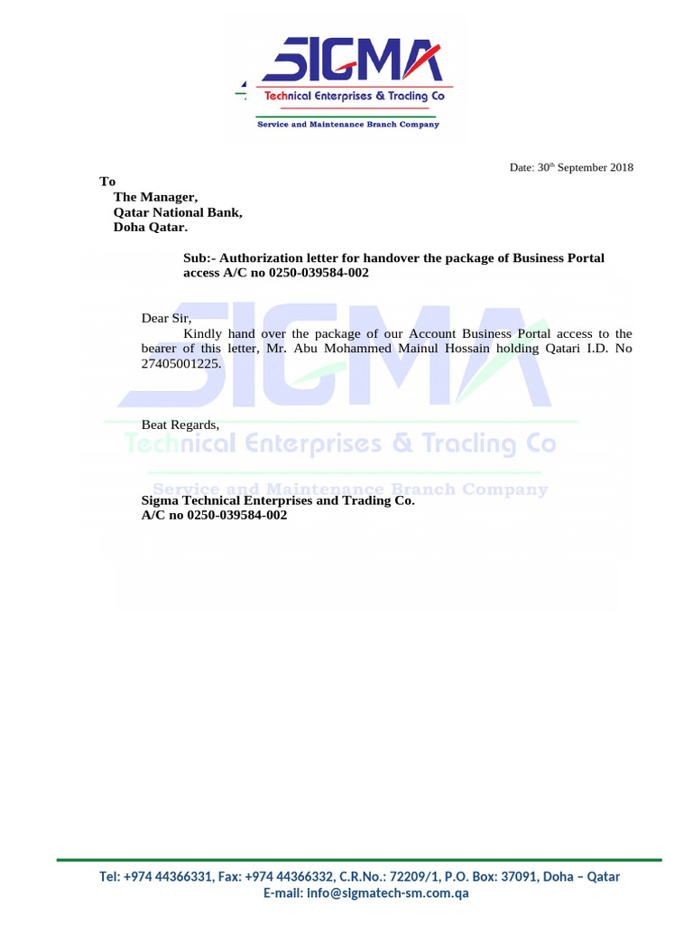 Authrize Letter Sigma Maintenence Business Portal | PDF