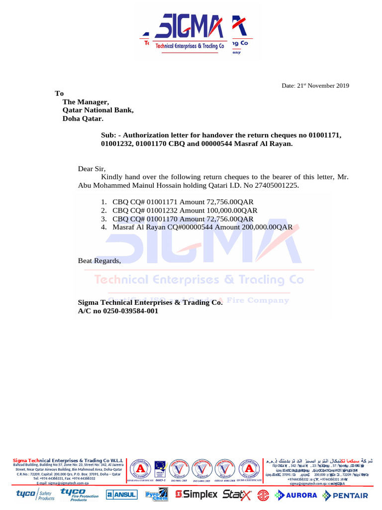 Authrized Letter For Retrn Cheque | PDF | Qatar | Arabian Peninsula