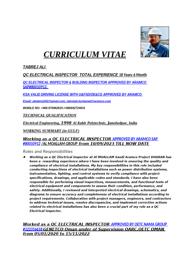 QC ELECTRICAL INSPECTORI 18 Years Exp (1) CV | PDF | Electrical Wiring | Safety