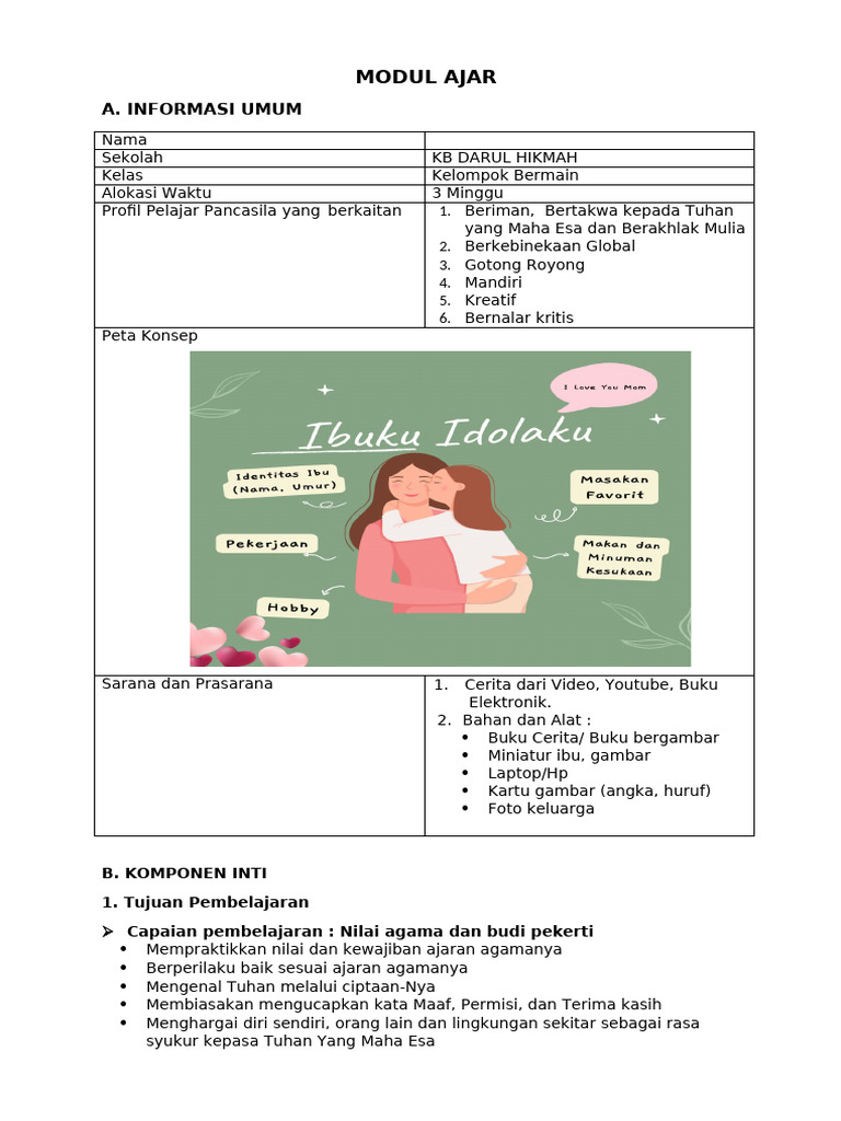 KB-Sem1-MA-RPPH-Topik Ibuku Idolaku-3 Minggu | PDF