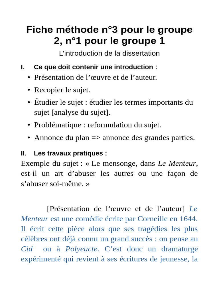 Introduction à la dissertation sur Le Menteur | PDF