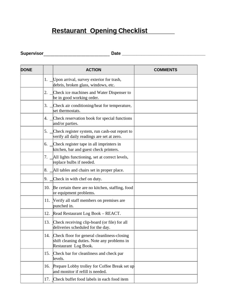 Essential Restaurant Opening Checklist | PDF | Restaurants | Chef