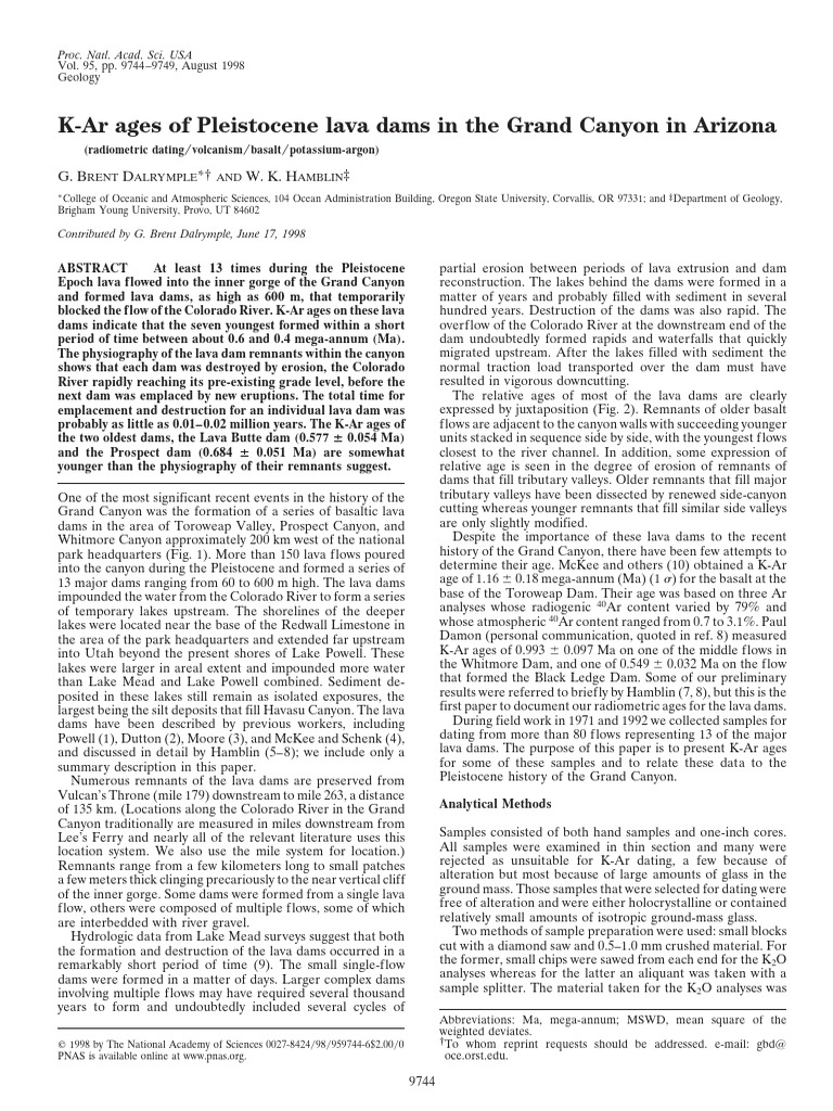 K-Ar Ages of Pleistocene Lava Dams in The Grand Canyon in Arizona | PDF ...