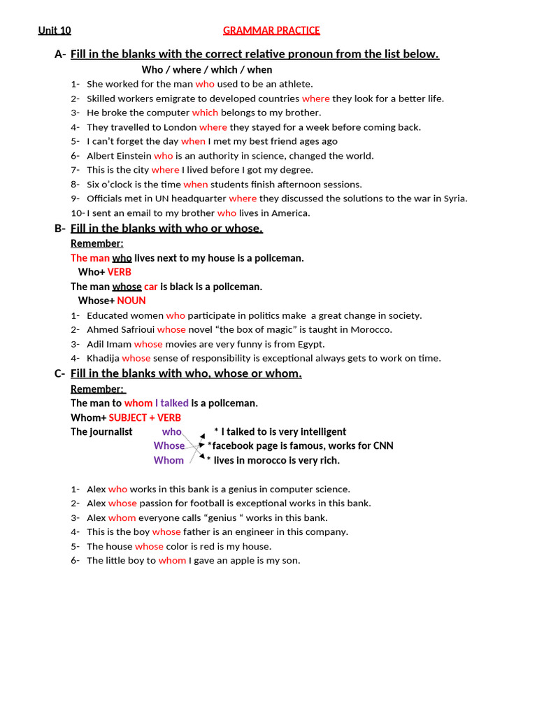 Unit 10 Relative Pronouns (Practice) Correction | PDF