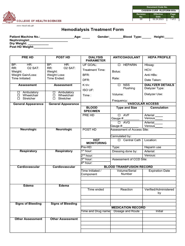 Revised HDU TREATMENT FORM | PDF | Hemodialysis | Medical Specialties