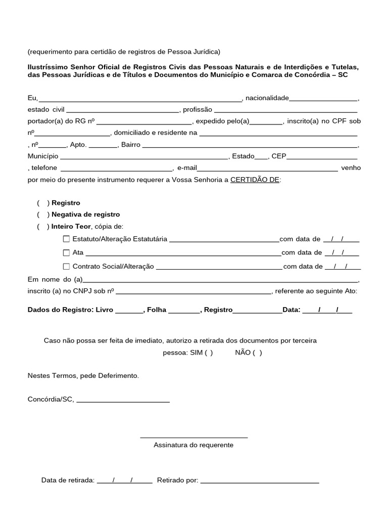 Modelo - Requerimento Certidão Registro PJ | PDF