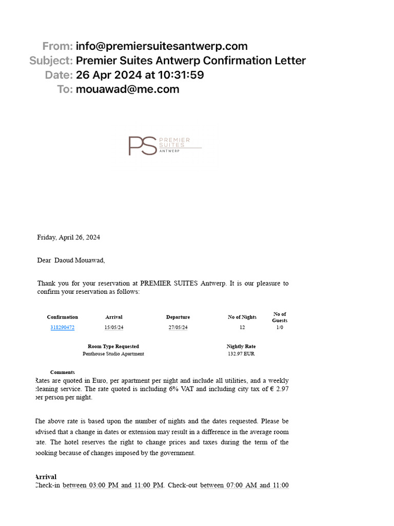 Premier Suites Antwerp Confirmation Letter | PDF | Payments