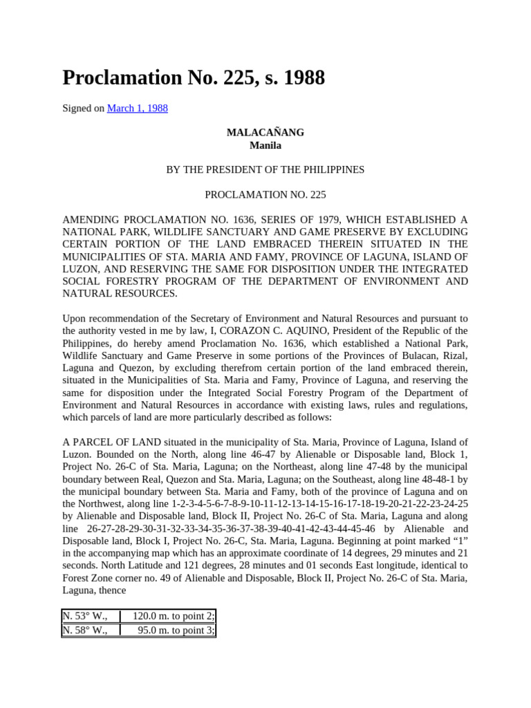 Proclamation 225: Laguna Land Amendment | PDF | Luzon | President Of ...
