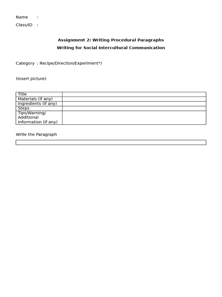 Template Assignment 2 Writing Procedural Paragraphs | PDF