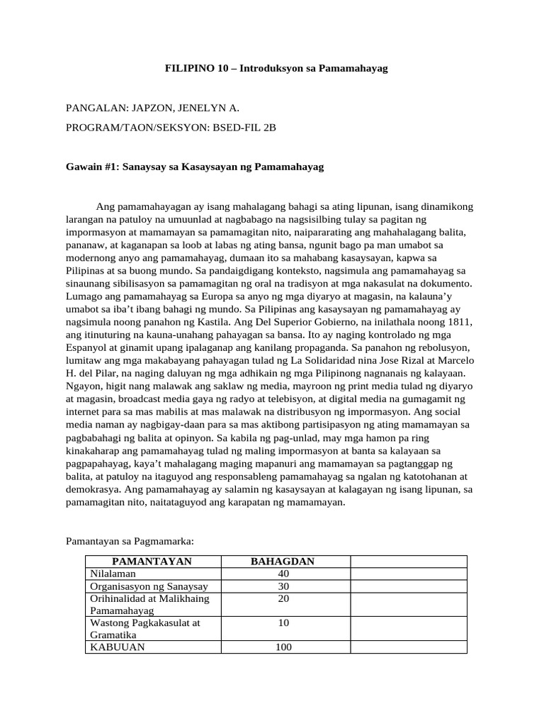 FIL 10 Activity. Japzon Jenelyn A. | PDF