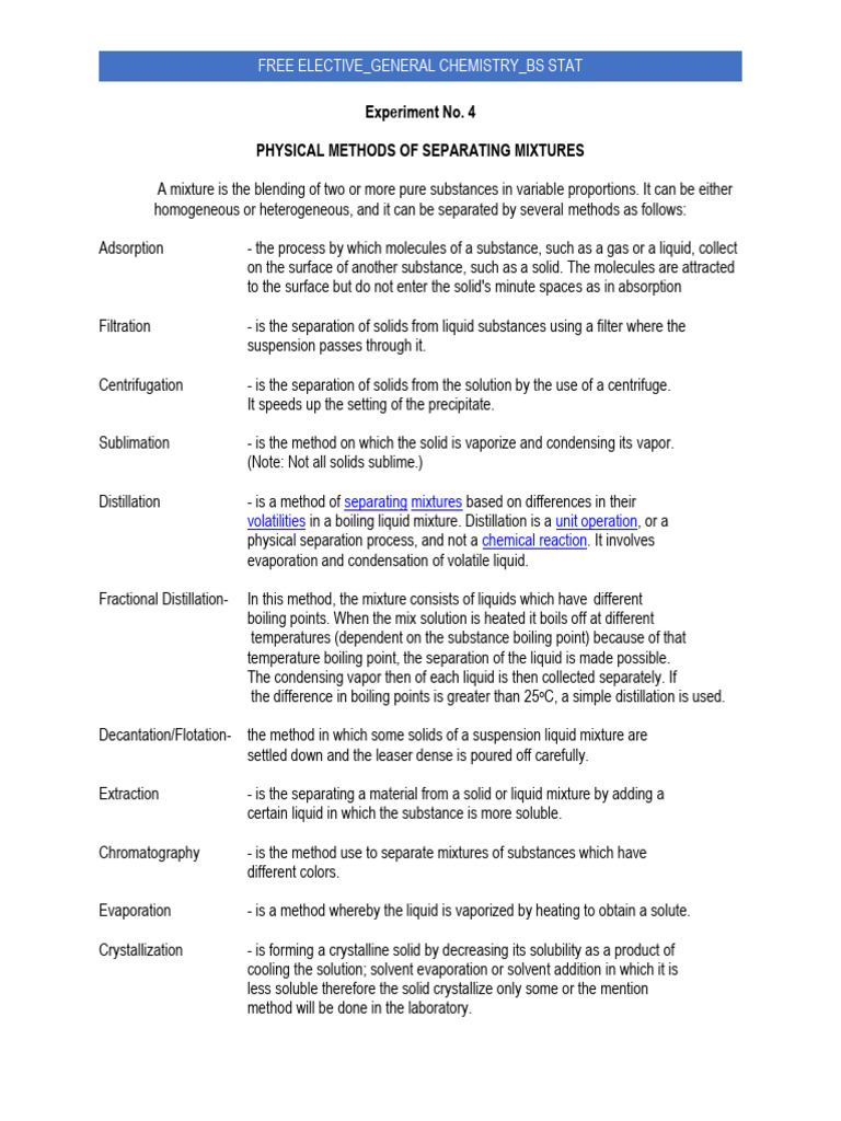 Experiment No 4 Physical Methods of Separating Mixtures - Docx 1 | PDF ...