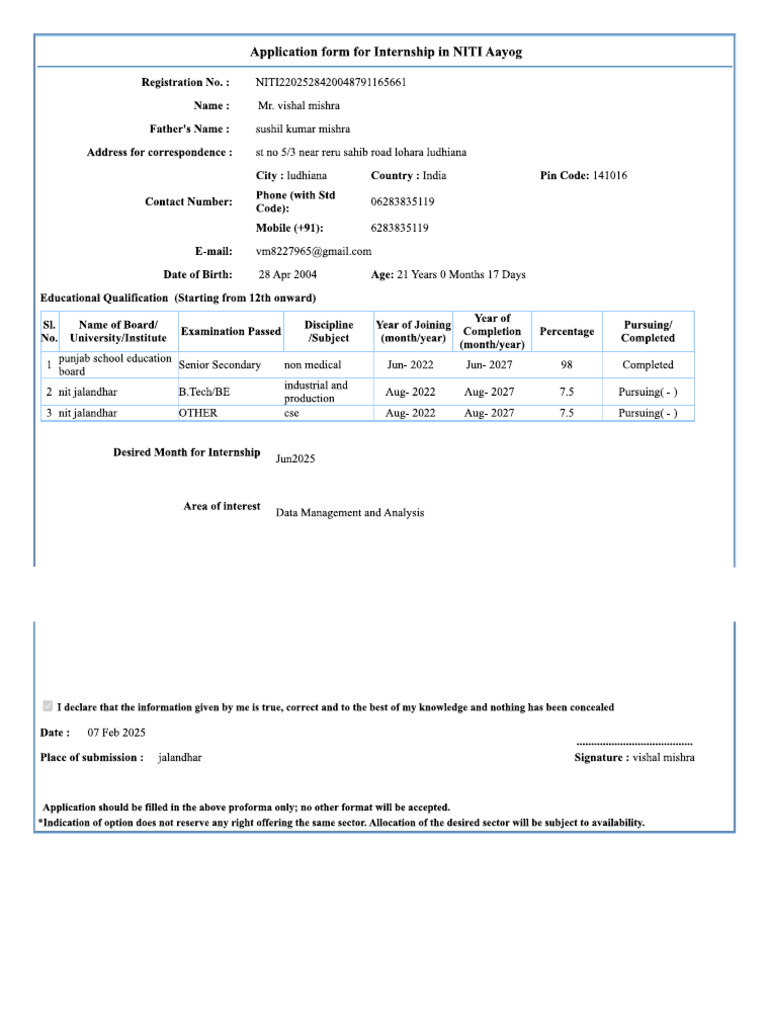 Niti Ayog Internship - Form | PDF