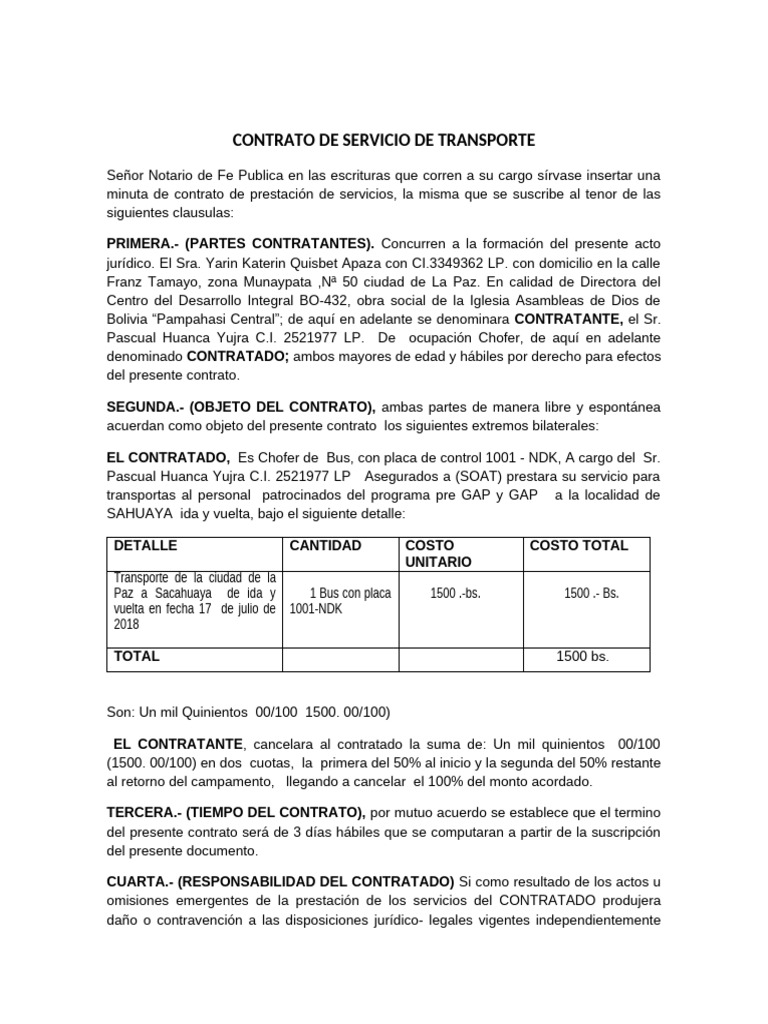 Contrato de Servicio de Transporte Patty2 | PDF