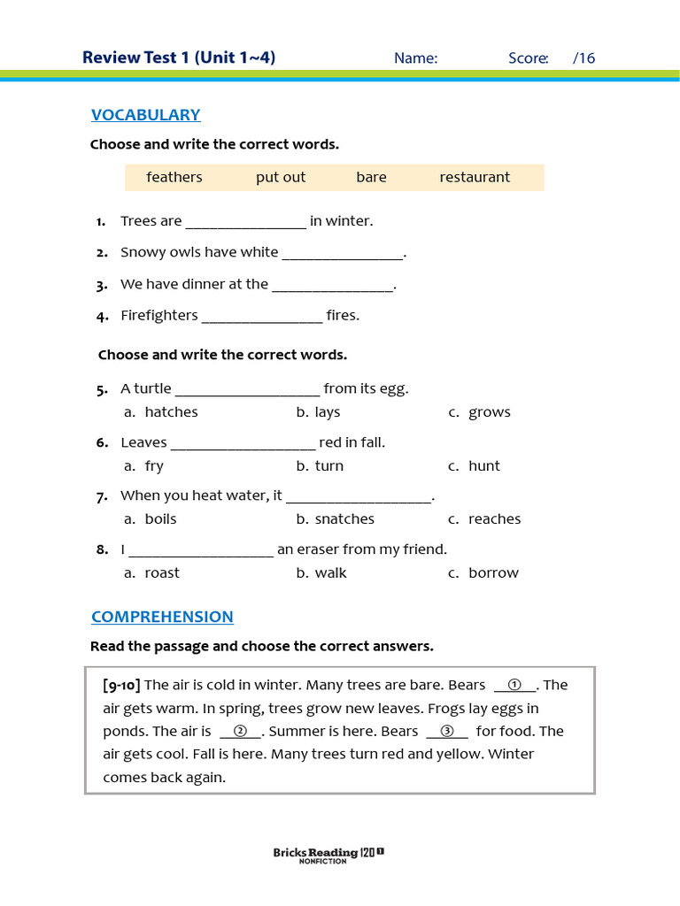 Bricks Reading 120 Nonfiction - L1 - Review Test 1 (Units 01-04) | PDF ...