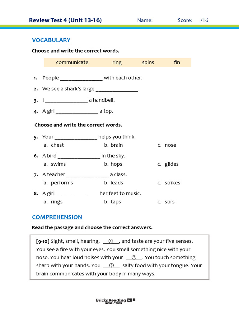 Bricks Reading 120 Nonfiction - L1 - Review Test 4 (Units 13-16) | PDF