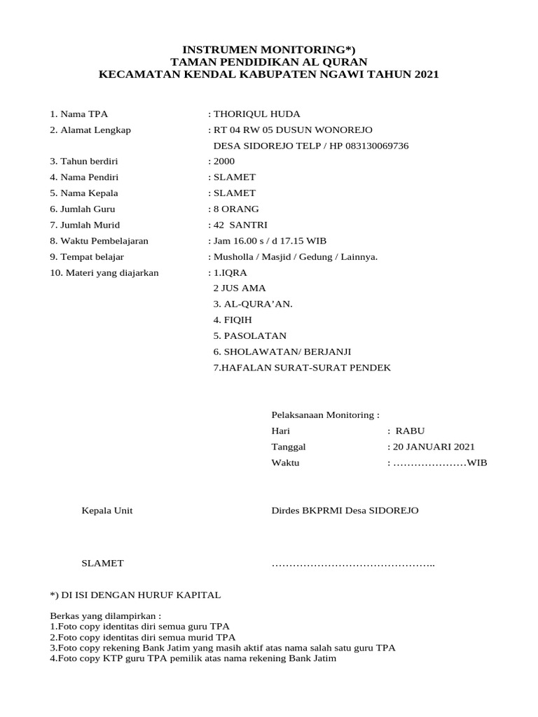 Monitoring TPA Pasolatan 2021 | PDF