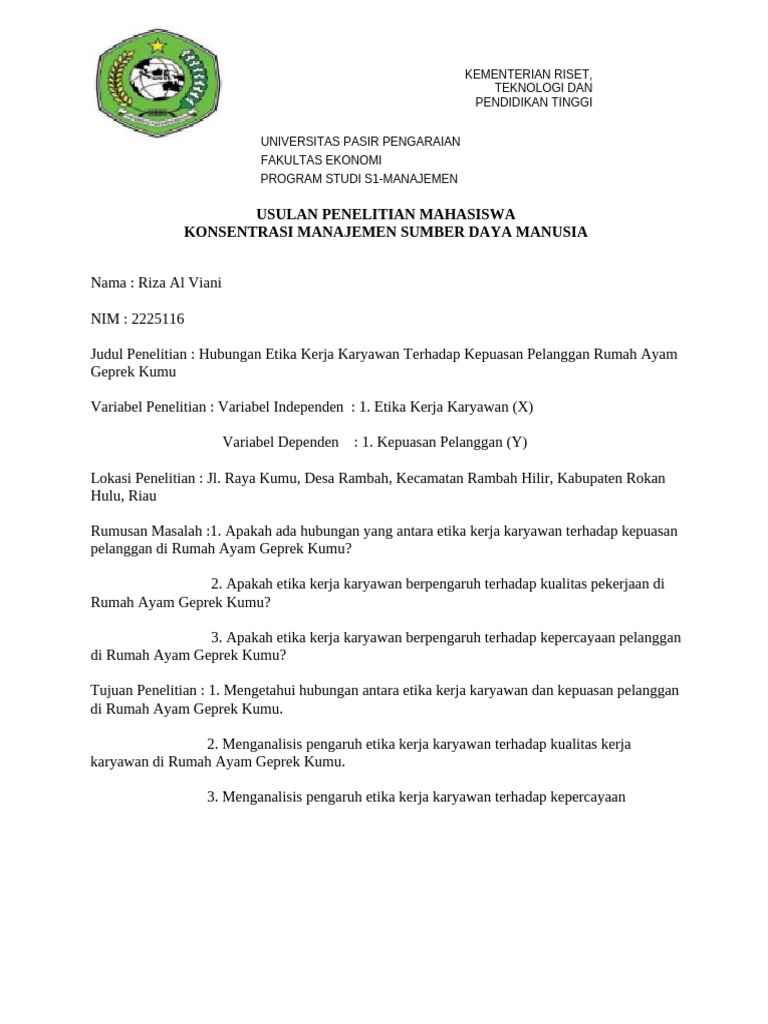 Formulir Usulan Penelitian MK Seminar SDM | PDF