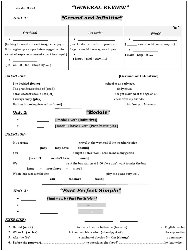 English Grammar Review: Gerunds, Modals, and Tenses | PDF | Verb ...