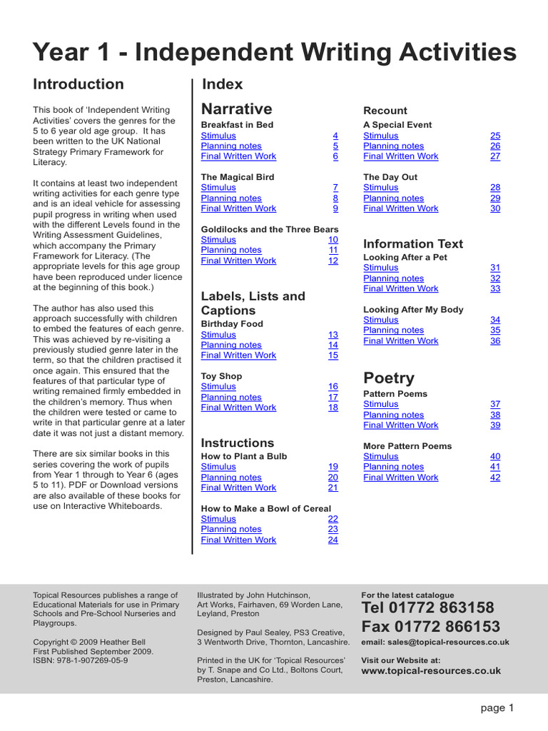 Year 1 Independent Writing Activities | PDF | Word | Sentence (Linguistics)