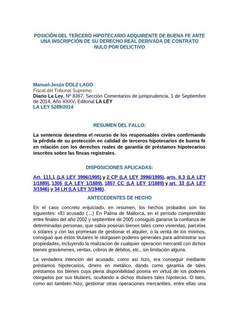 Osición Del Tercero Hipotecario Adquirente de Buena Fe Ante Una ...