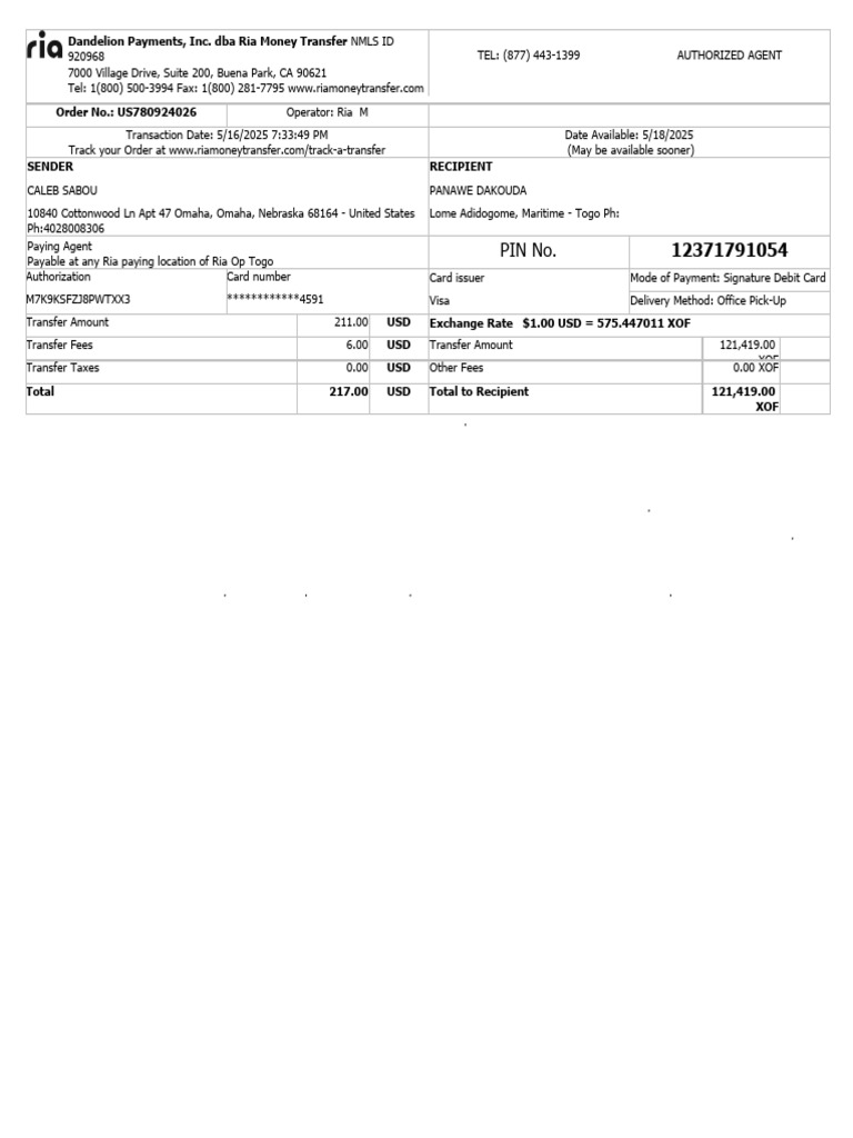 Ria Money Transfer Receipt Example | PDF | Wire Transfer | Receipt
