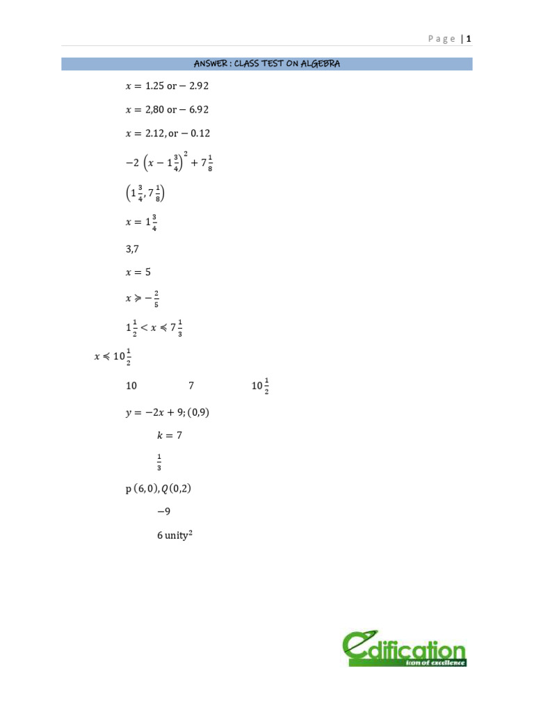 Answer Class Test On Algebra | PDF