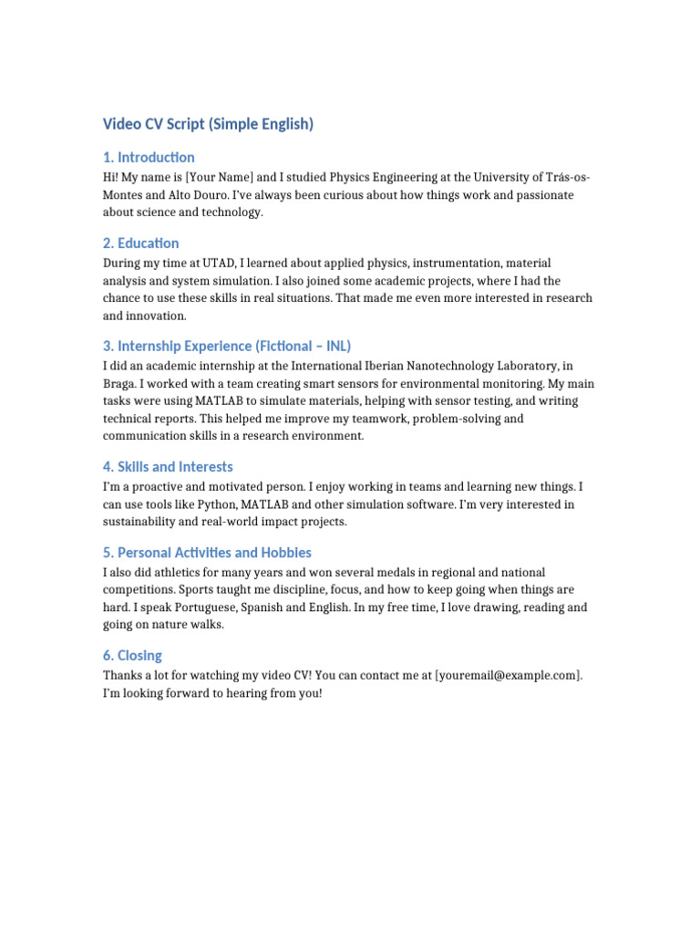 Video CV Script English | PDF