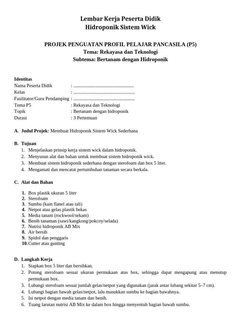 LKPD Projek P5 Hidroponik Wick | PDF