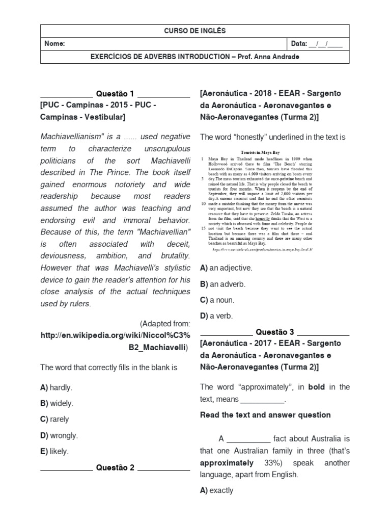 EXERCÍCIOS DE ADVERBS INTRODUCTION | PDF | Niccolò Machiavelli | Adverb