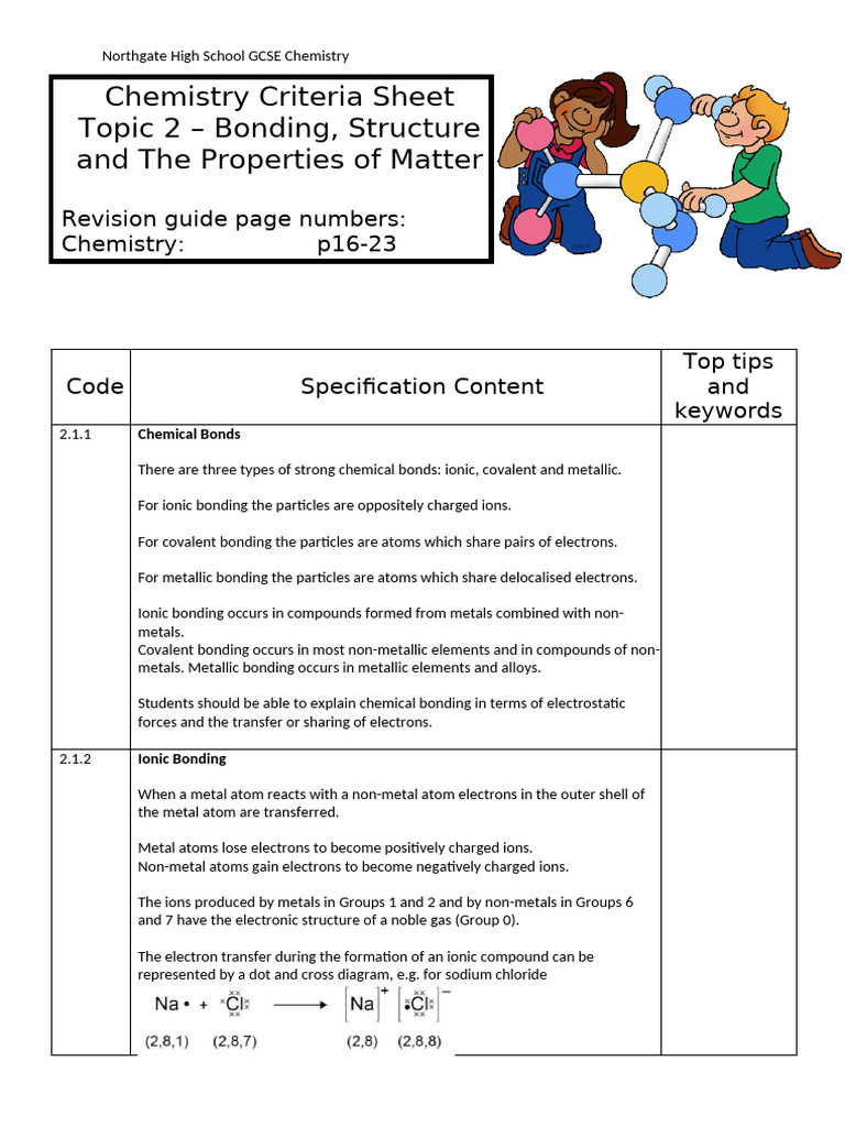 Topic 2 - Bonding, Structure and The Properties of Matter - Triple Science | PDF | Chemical Bond ...
