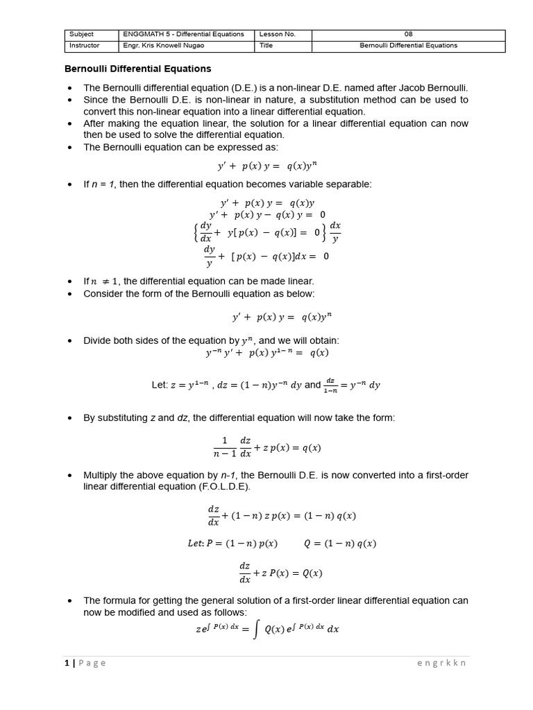 Lesson 8 - Bernoulli Differential Equation | PDF | Equations | Differential Equations