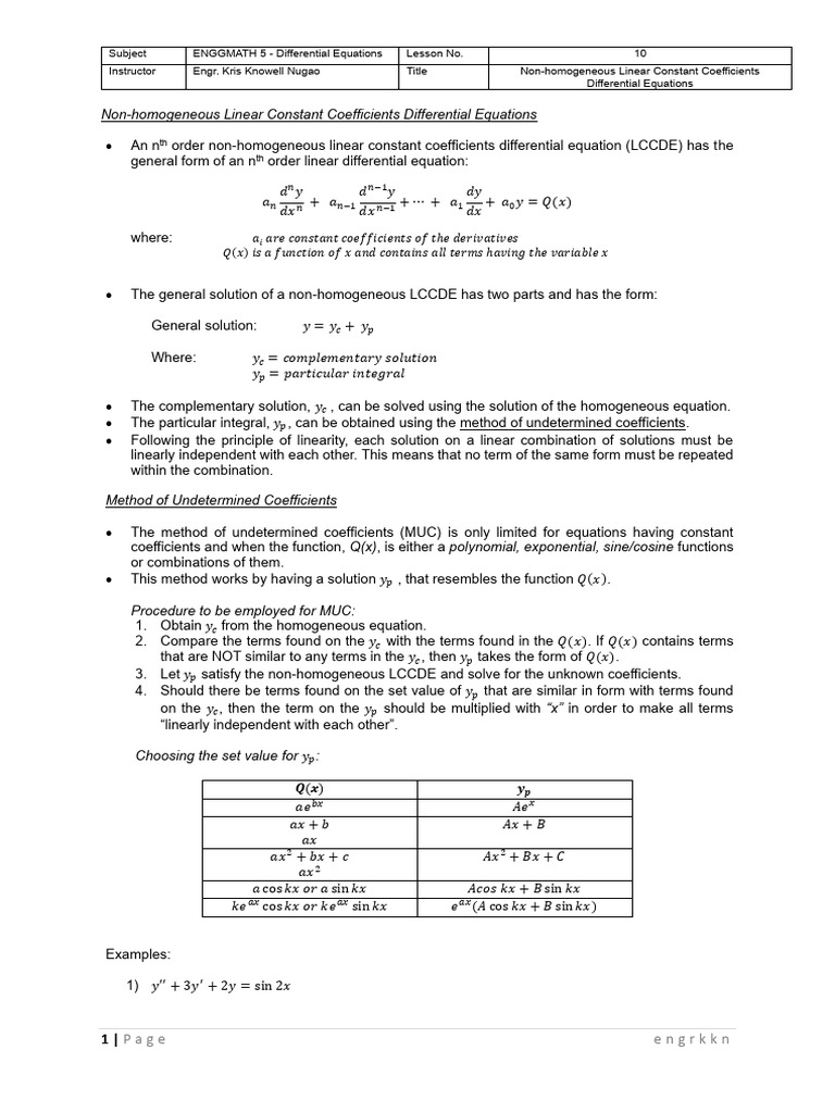 Lesson 10 Non Homogeneous Linear Differential Equation With Constant Coefficients Pdf