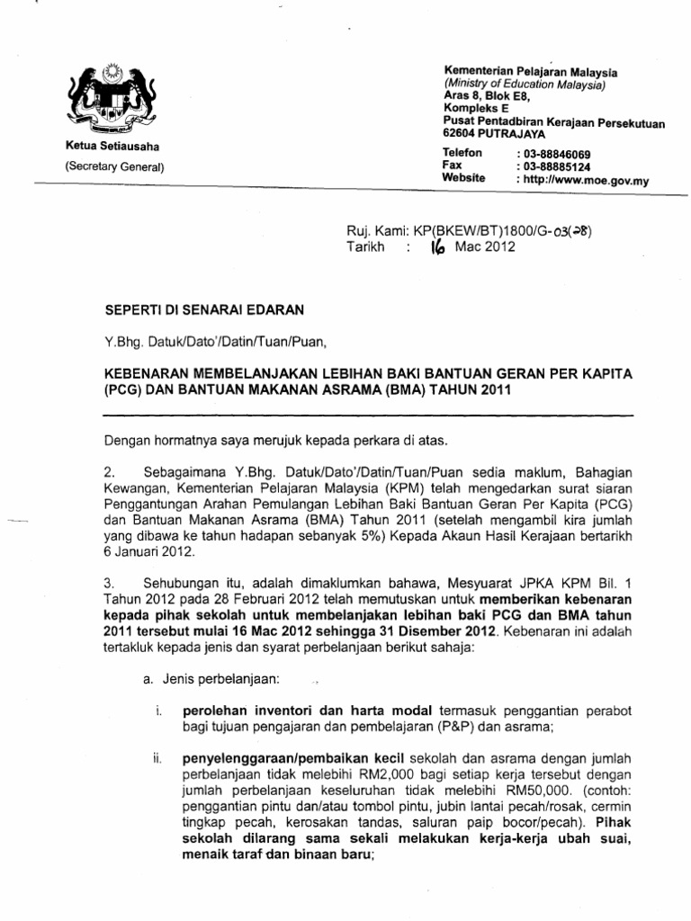 Surat Siaran - Kebenaran Membelanjakan Lebihan Baki Bantuan Geran Per Kapita (PCG) Dan Bantuan ...